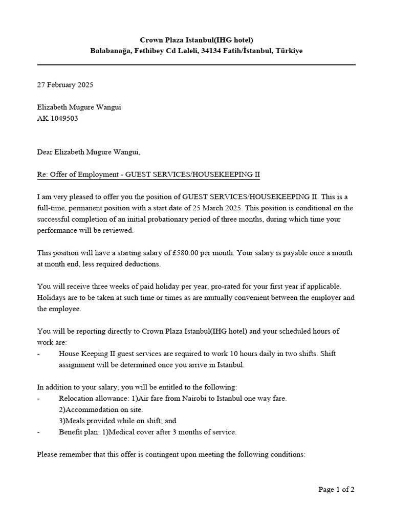 Elizabeth Wangui Employment Offer Letter | PDF | Employment | Salary