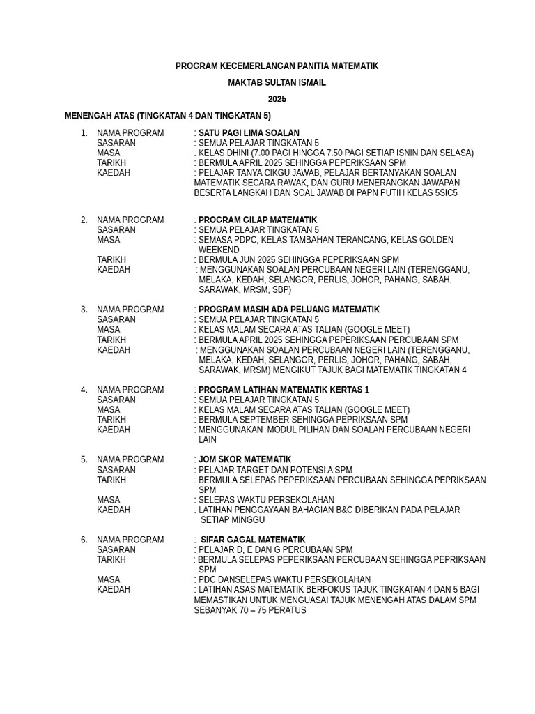 Program SPM Math 2025 | PDF