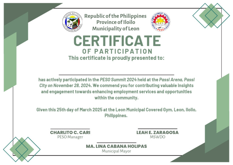 Certificate of Participation in PESO Summit | PDF