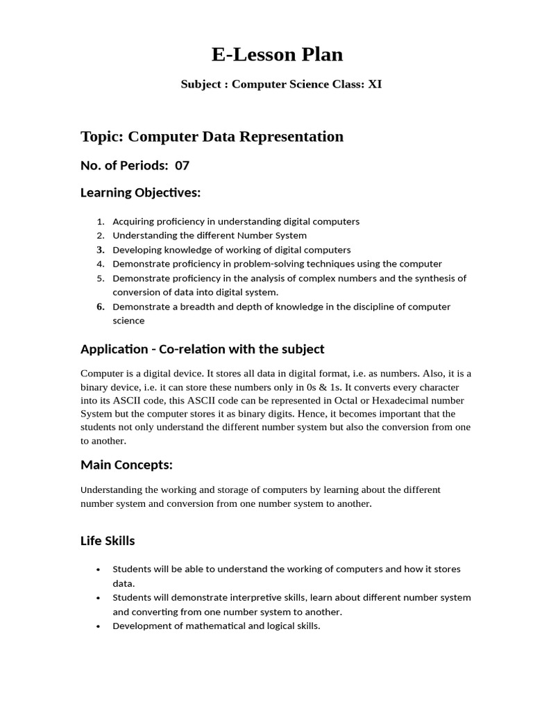 Computer Data Representation Lesson Plan | PDF | Data | Cognition