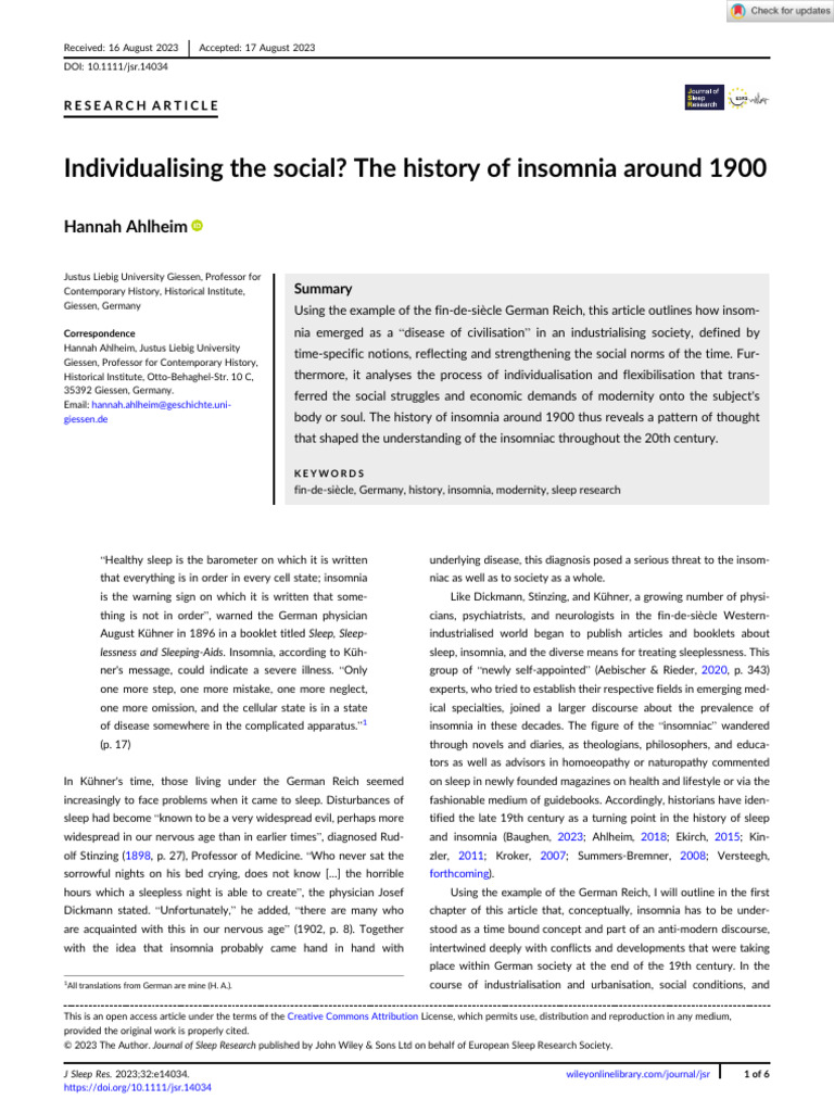 History of Insomnia in The 1900s | PDF | Sleep | Insomnia