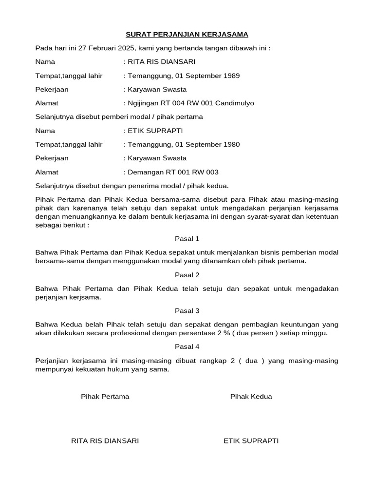 Surat Perjanjian Kerjasama | PDF
