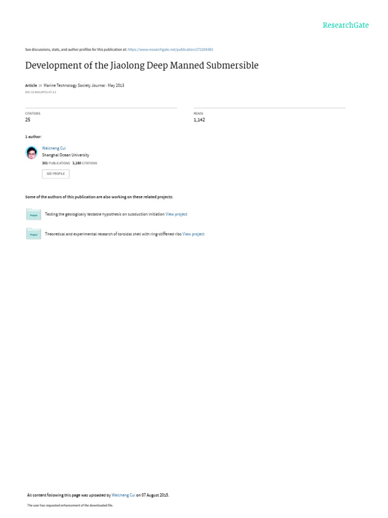 CuiWC - Development of The Jiaolong Deep Manned Submersible | PDF | Sonar | Stress (Mechanics)