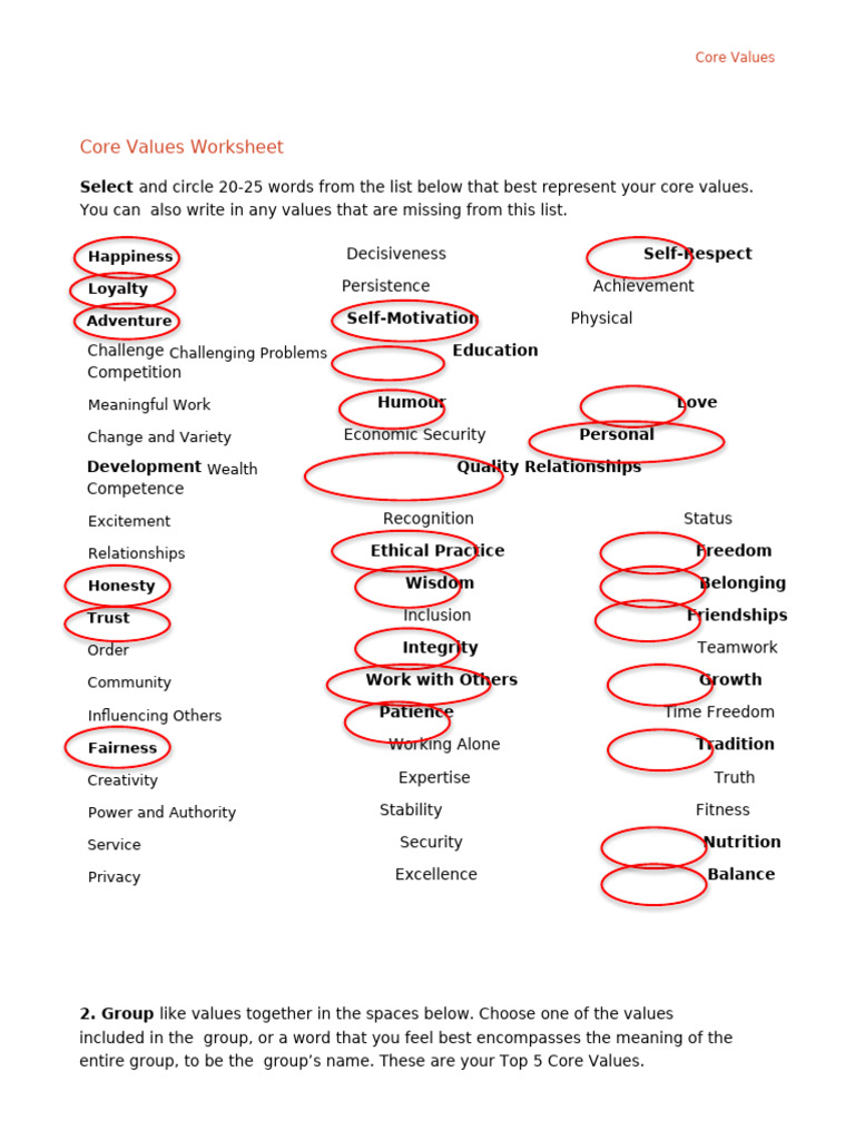 Core Values Worksheet and Insights | PDF | Happiness | Friendship
