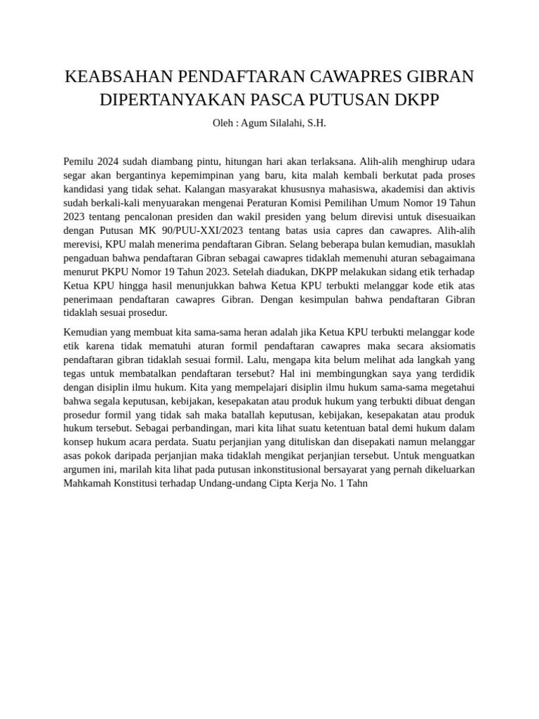 Keabsahan Pendaftaran Cawapres Gibran Dipertanyakan Pasca Putusan DKPP | PDF