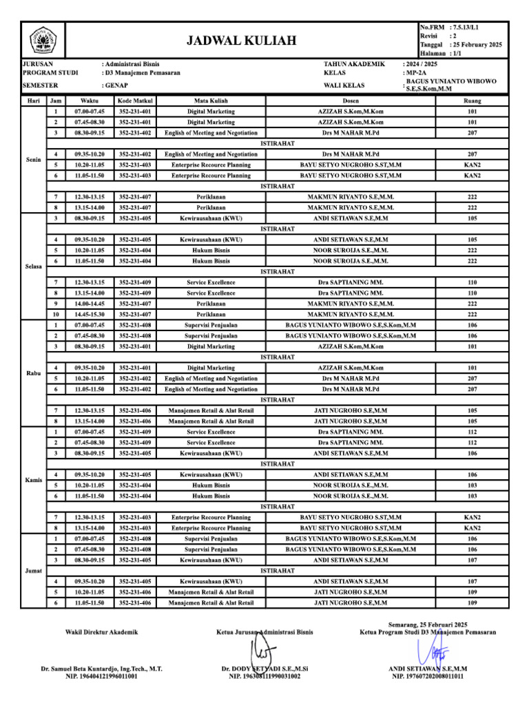 Print Jadwal Perkuliahan-MP2 | PDF