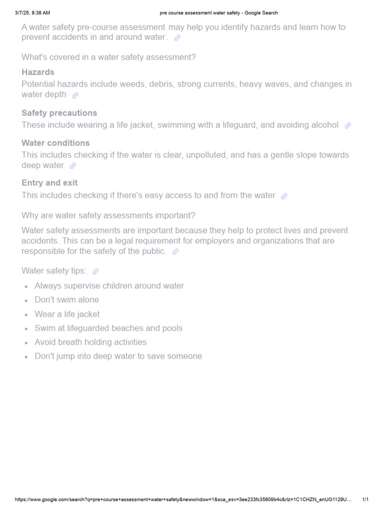Pre Course Assessment Water Safety - Google Search | PDF