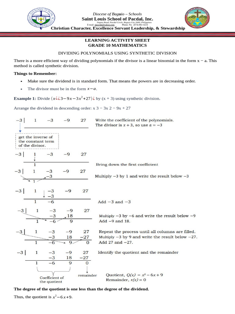 q2 Las1 g10 Synthetic Division | PDF | Division (Mathematics) | Arithmetic
