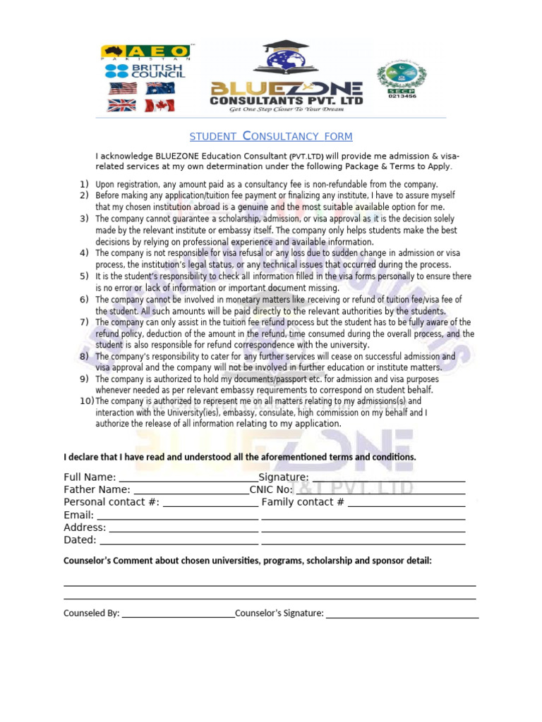 Student Consultancy Form | PDF | Travel Visa | Fee