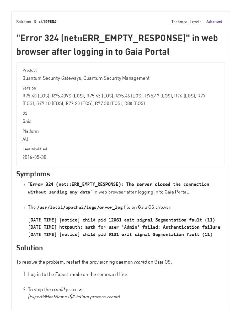 sk109804 - _Error 324 (net__ERR_EMPTY_RESPONSE)_ in web browser after logging in to Gaia Portal ...