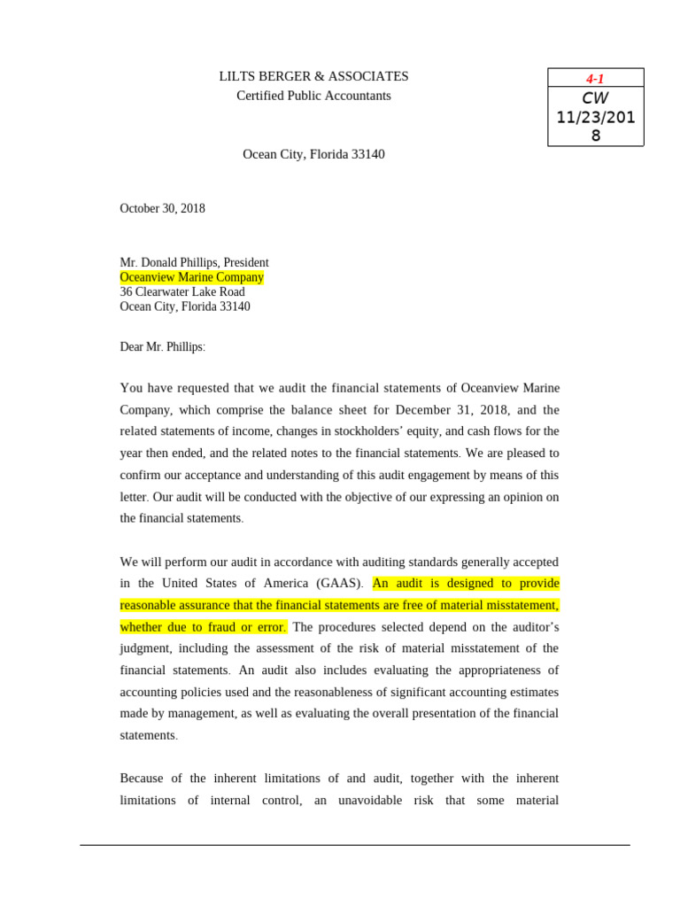 Assign 1 Engagement Letter | PDF | Audit | Internal Control