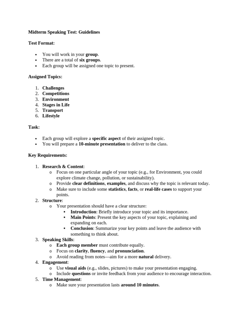 Midterm Speaking Test Guidelines | PDF | Fluency | Communication