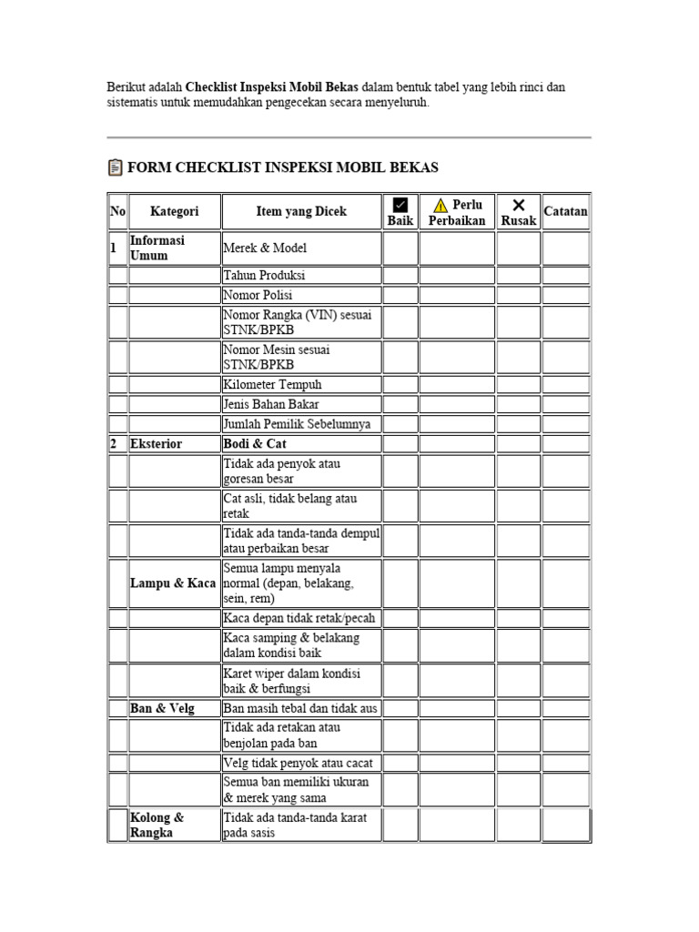 Form Inspeksi Mobil | PDF