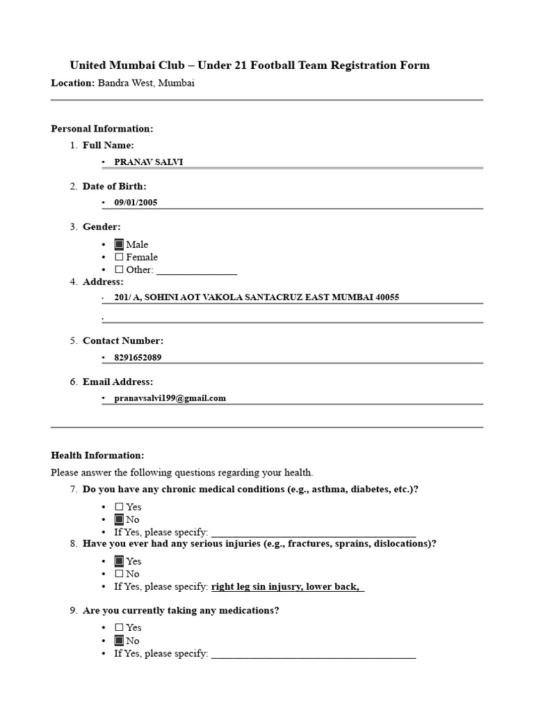United Mumbai Club - Under 21 Football Team Registration Form | PDF