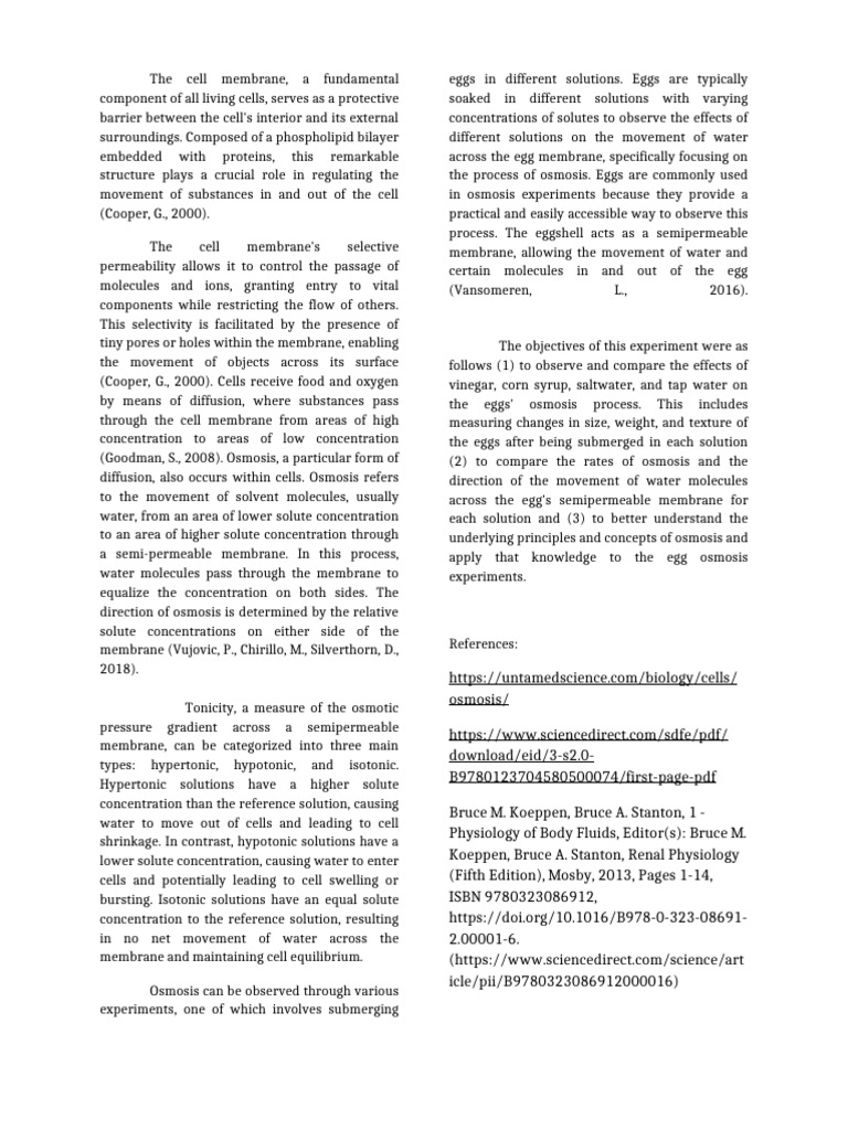 Osmosis Laboratory Report | PDF | Osmosis | Cell Membrane