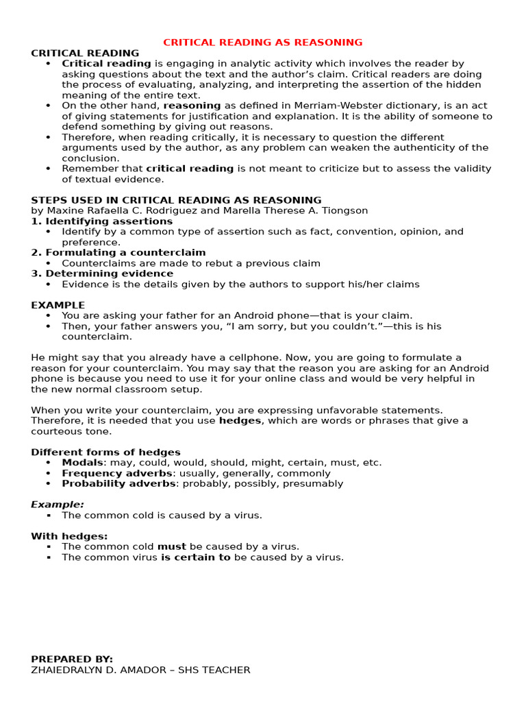 Handout Critical Reading As Reasoning | PDF