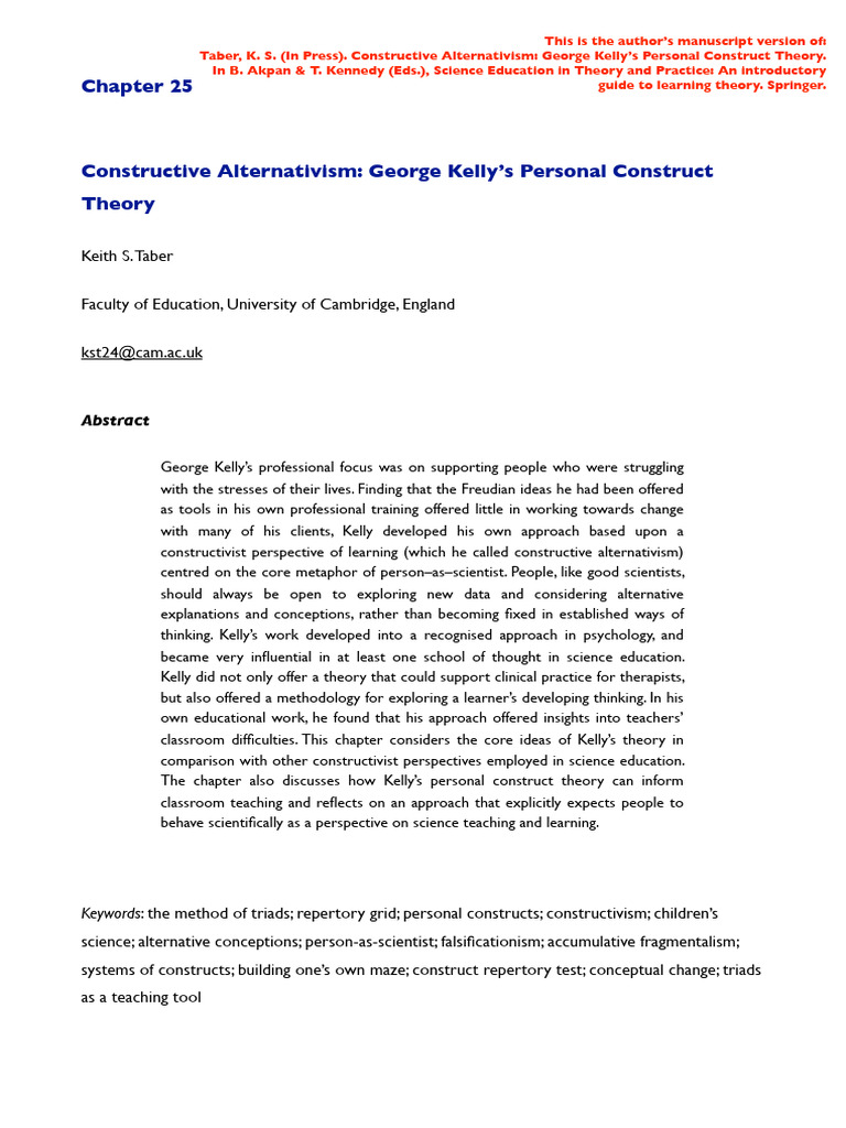 George Kelly's Personal Construct Theory | PDF | Constructivism ...