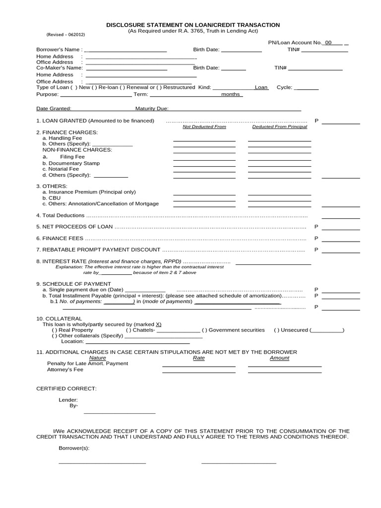 Disclosure Statement Blank - 100224 | PDF | Loans | Interest