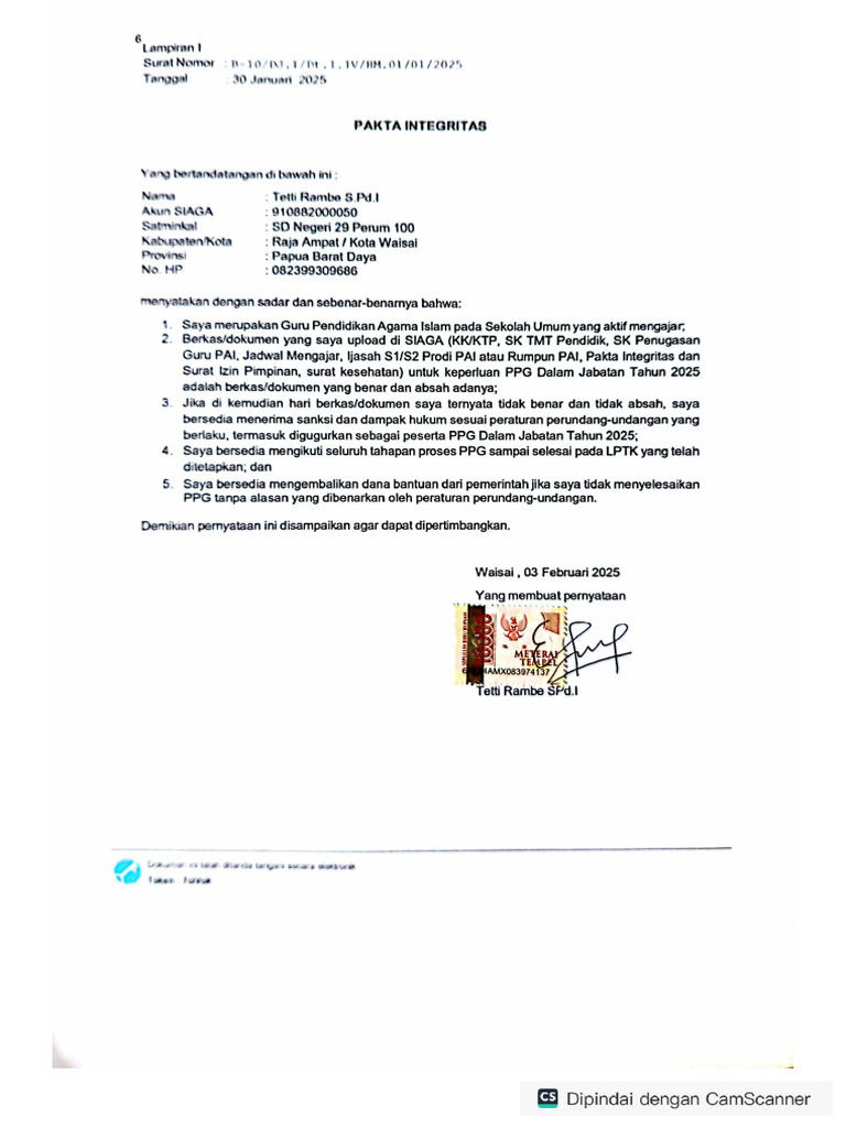 Contoh Surat Pakta Integritas Ikut PPG | PDF