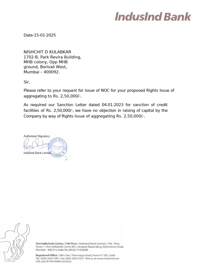 IndusInd Bank NOC for Rights Issue | PDF