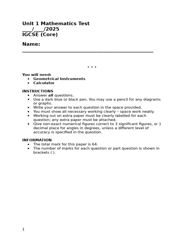 Unit 1 Mathematics Test (IGCSE Core) | PDF | Significant Figures | Circle