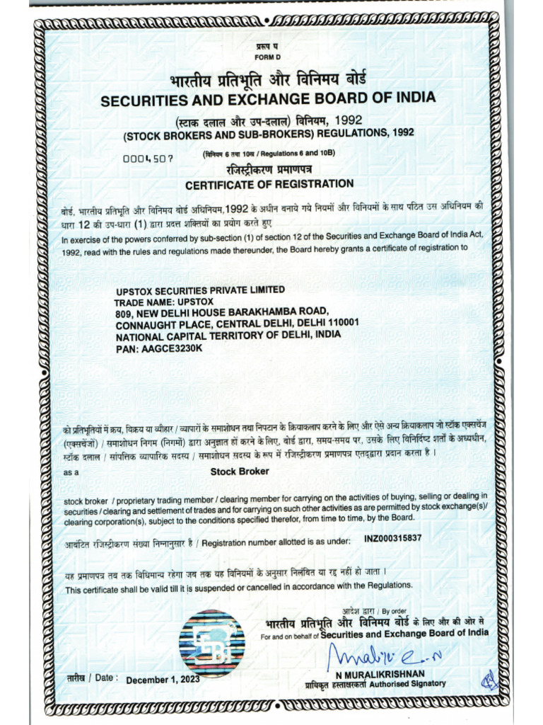 SEBI Registration Certificate - UPSTOX SECURITIES | PDF