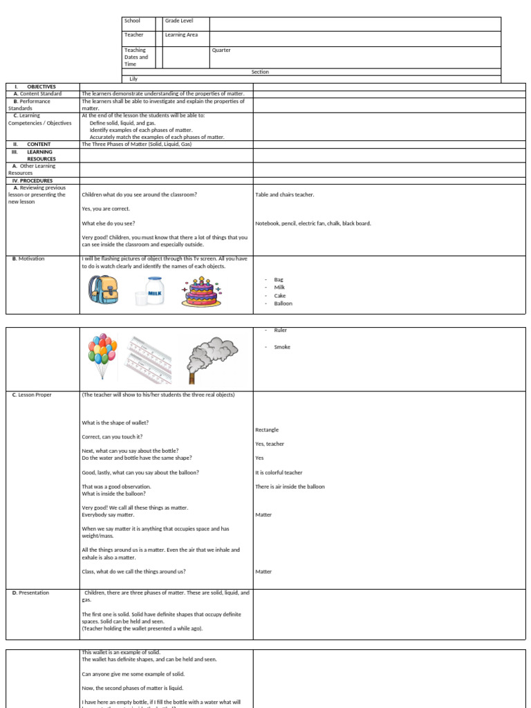 Lesson Plan in Science | PDF | Matter | Gases