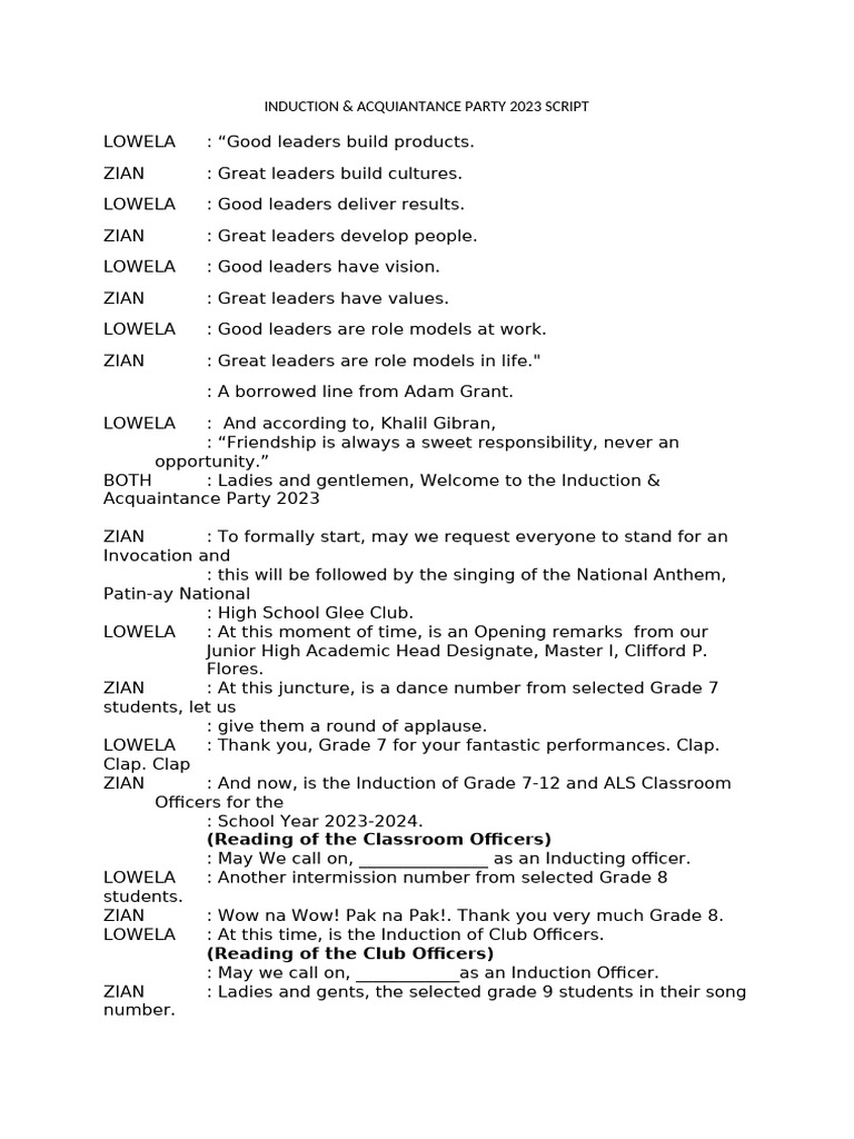 Induction & Acquaintance Party 2023 Script | PDF