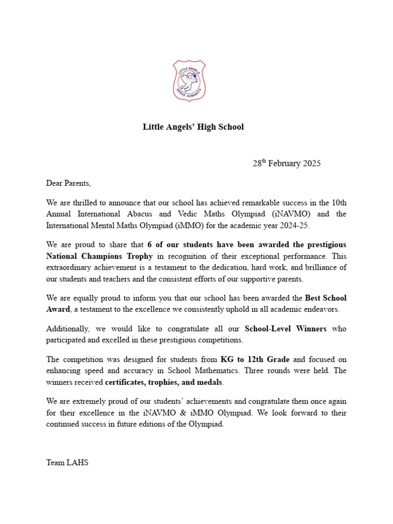 LAHS Triumphs in Maths Olympiads 2025 | PDF