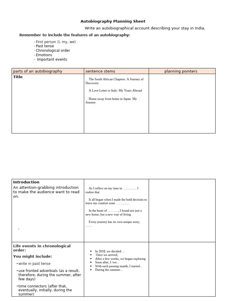 Autobiography Planning Sheet | PDF