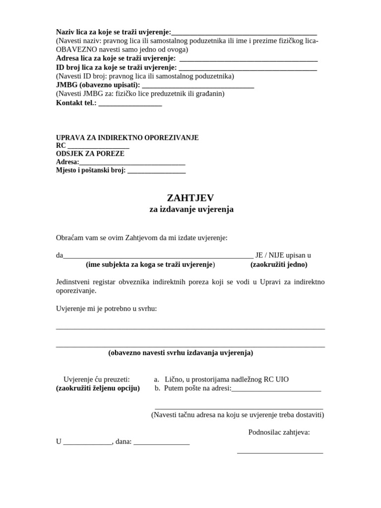 Prijedlog Obrasca Zahtjeva Za Izdavanje Uvjerenja o Podacima Iz Upis U ...