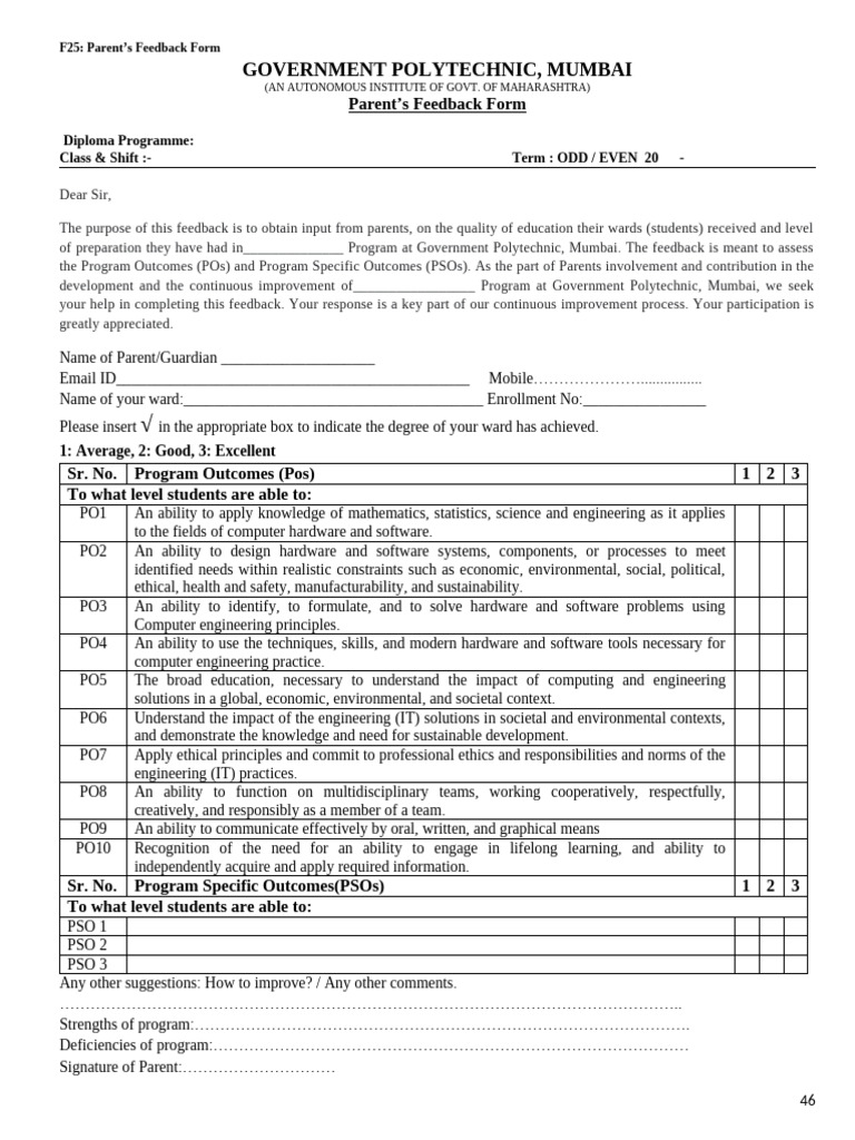 F25 - Parent Feedback Form | PDF | Engineering | Cognition