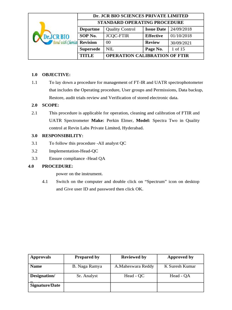 jcr bio ftir sop | PDF | Calibration | Electromagnetic Radiation