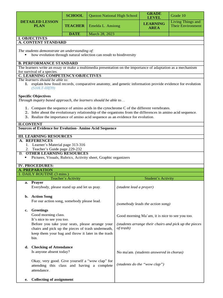 Grade 10 Evolution Lesson Plan | PDF | Nucleic Acid Sequence ...