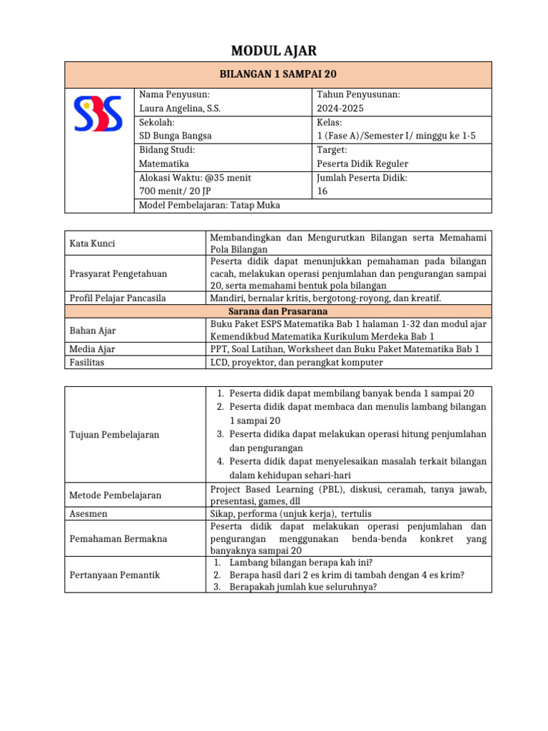 MODUL AJAR MAT KLS 1 SUMATIF 1 SM1 24-25 | PDF
