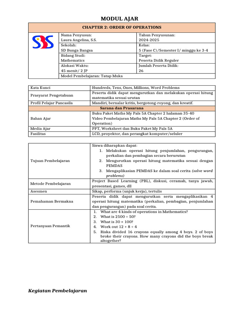 MODUL AJAR Math KLS 5 - Supervisi | PDF
