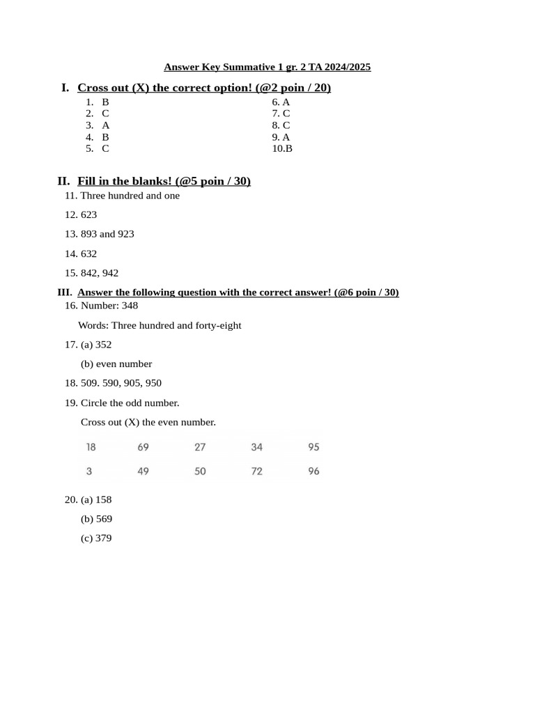 Answer Key Summative 1 GR 2 | PDF