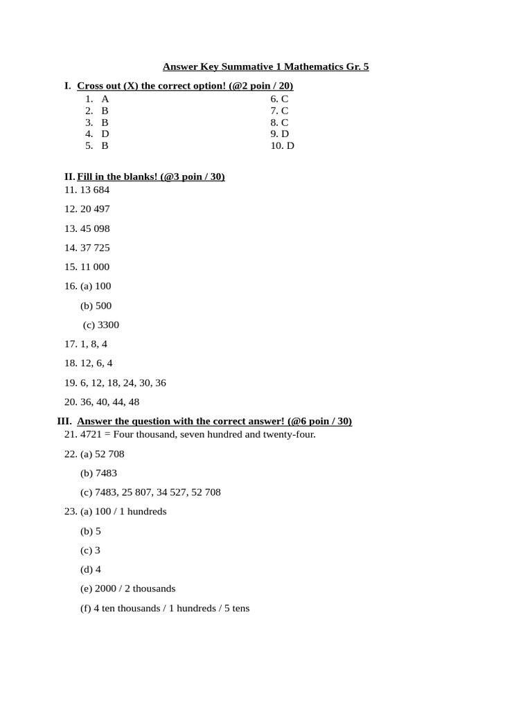 Answer Key Summative 1 Mathematics GR 4 | PDF