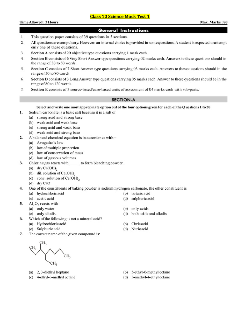 Class 10 Science Mock Test 1 | PDF