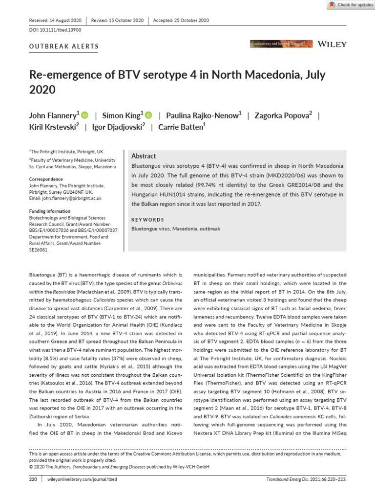 BTV-4 Outbreak in North Macedonia 2020 | PDF | Biology | Health Sciences