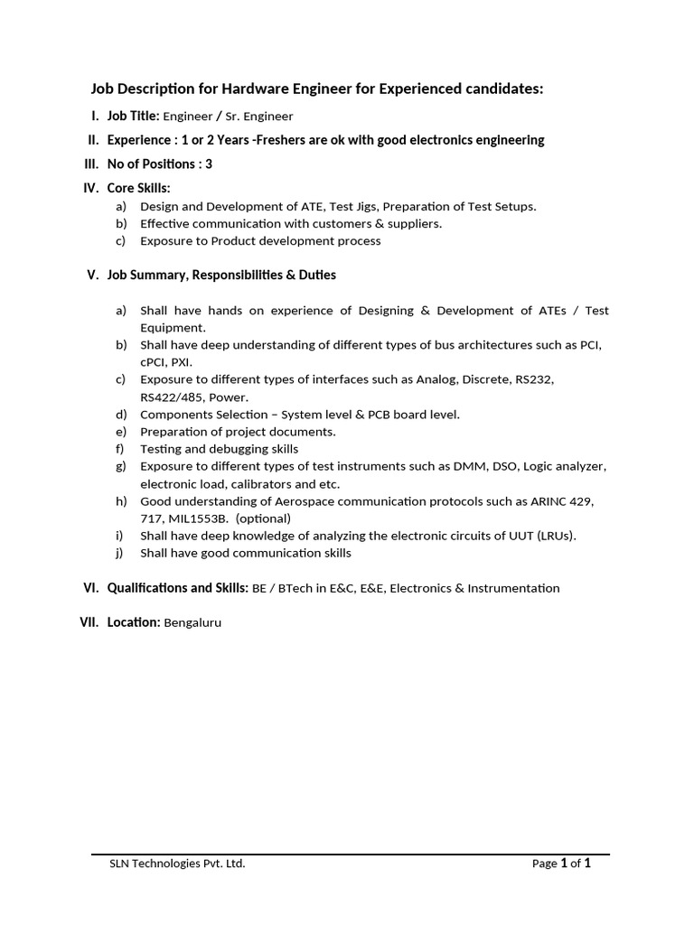 JD Details For Hardware Engineer | PDF