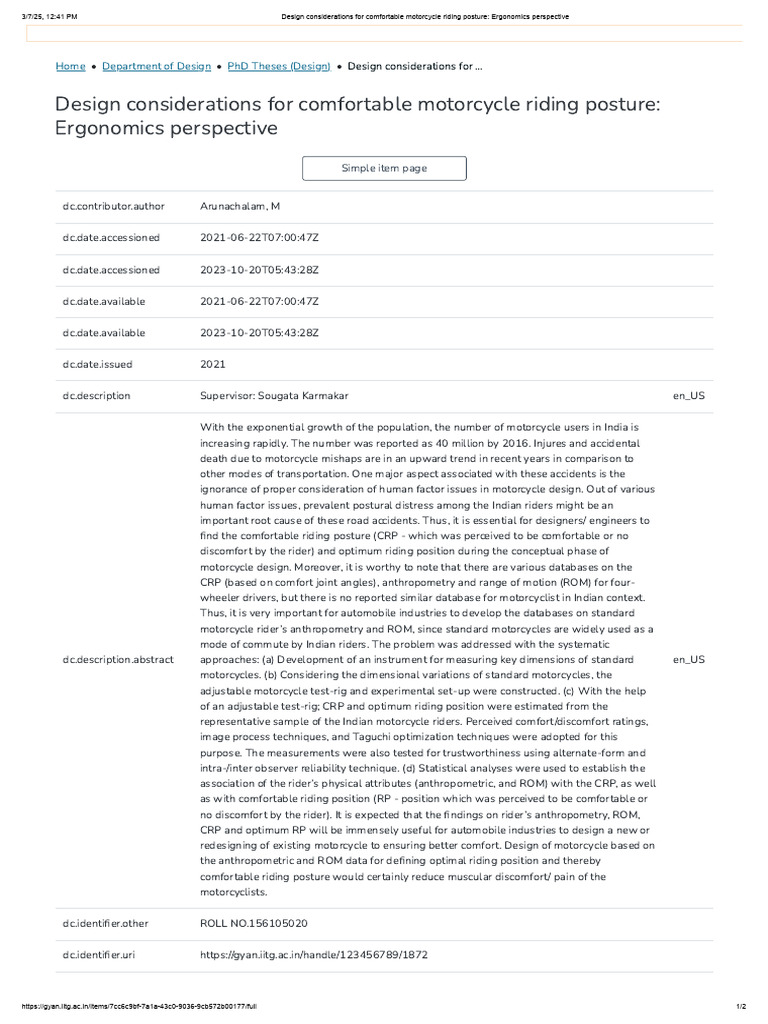 Design considerations for comfortable motorcycle riding posture ...