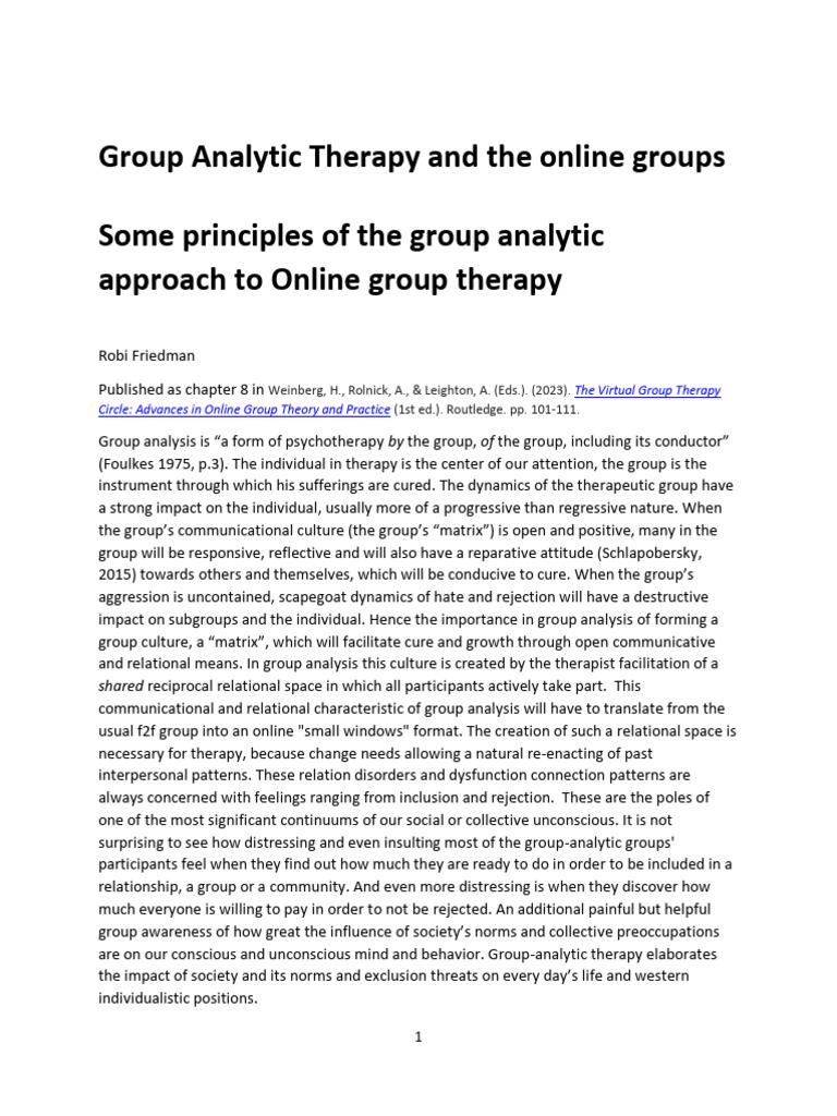 Group Analytic Therapy and The Online Groups Robi Friedman-1711538291447 | PDF | Nonverbal ...
