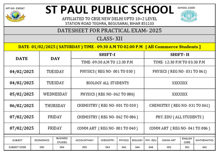 Datesheet For Class Xii Practical Exam 2025-1 | PDF