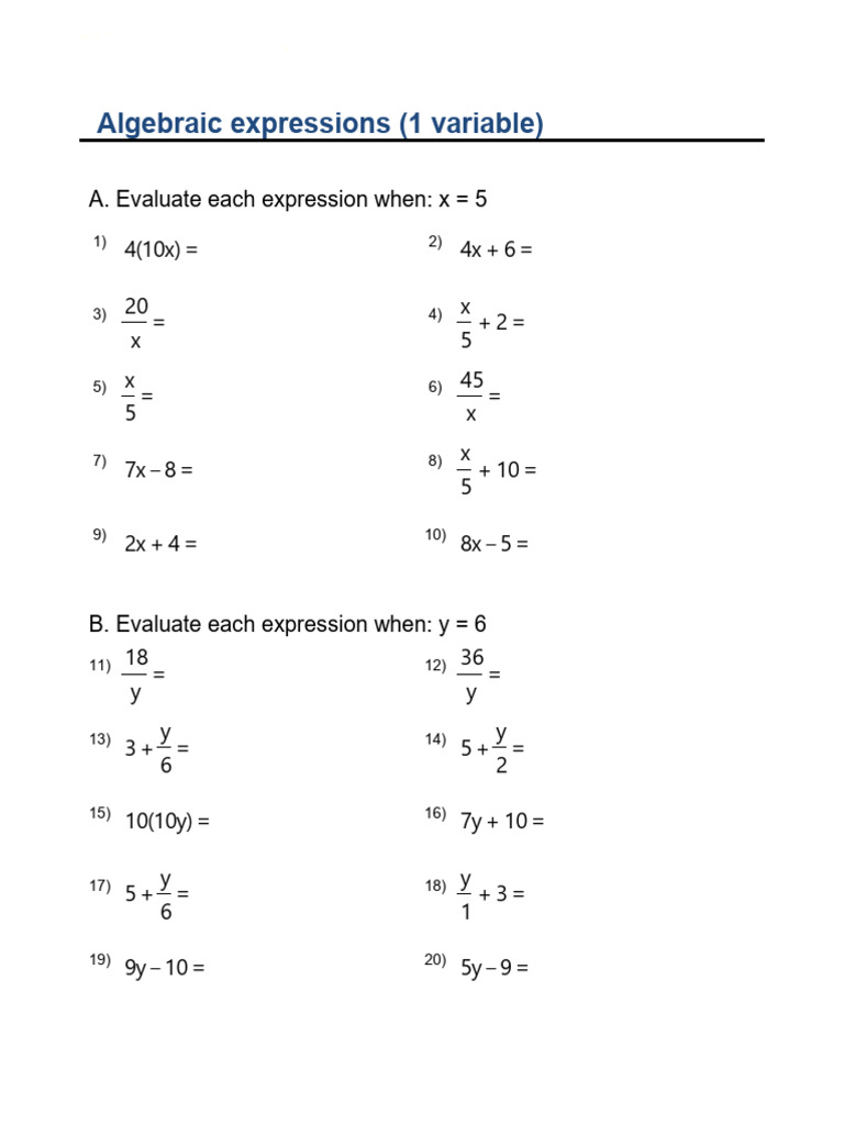 Grade 5 Algebra Expressions Worksheet | PDF | Mathematics | Algebra