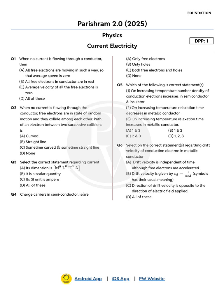 66d2ef4b090f287f3fc73cc3 - ## - Current Electricity DPP 01 Parishram 2. ...