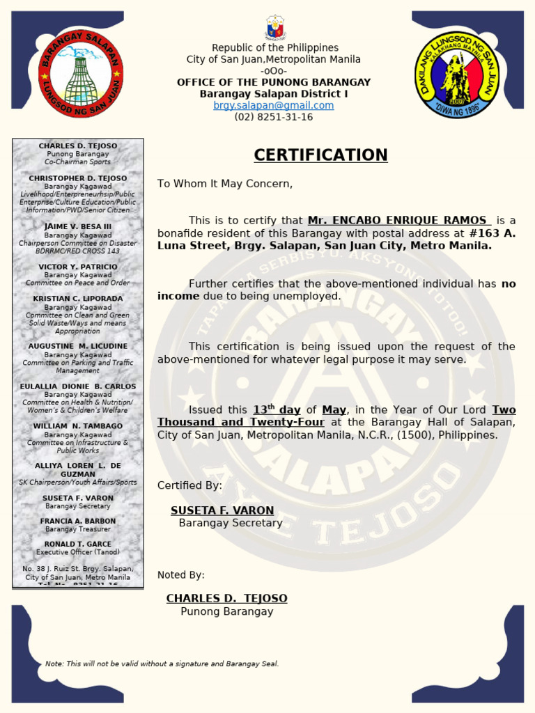 Certification No Income Draft | PDF