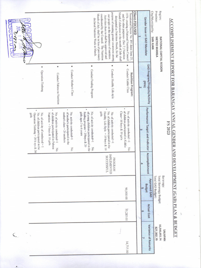 Accomplishment Report For Barangay Annual Gender and Development (Gad ...