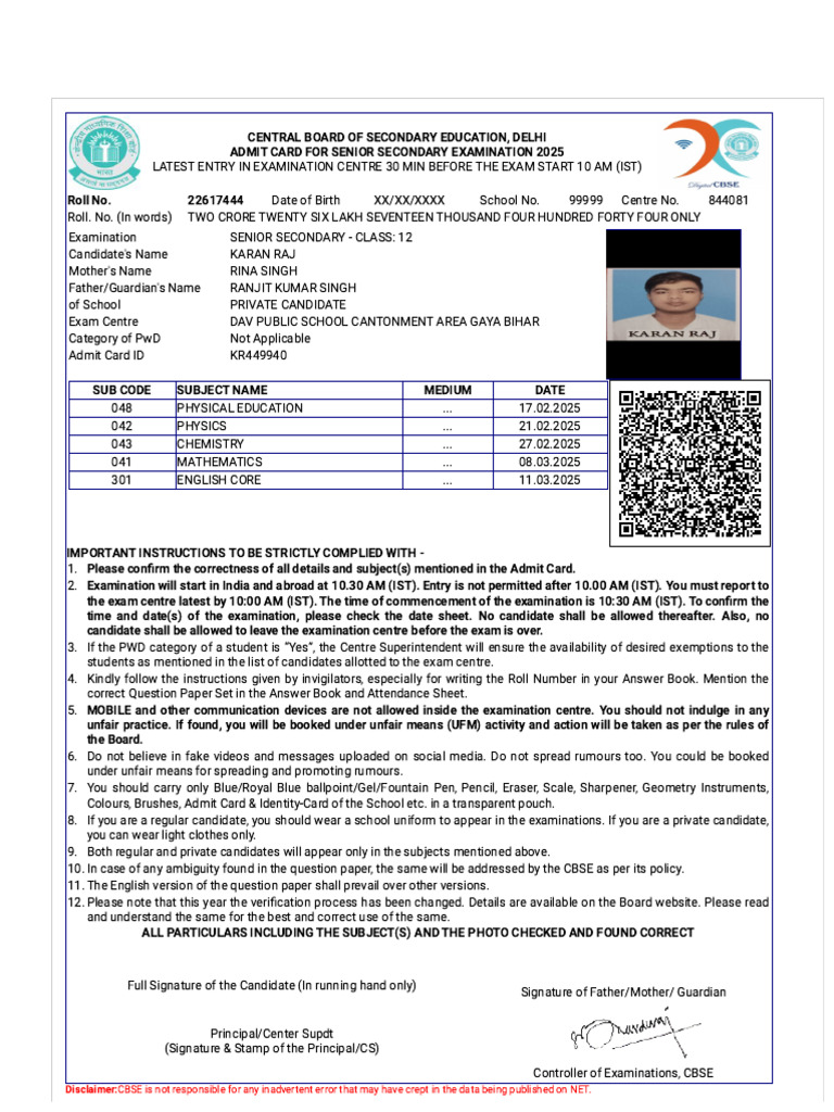 Cbseit - in Cbse Web Regn Pvtadmcard PDF | PDF