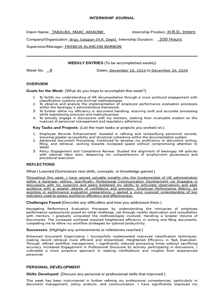 Internship Journal Week 2 | PDF | Performance Appraisal | Mentorship